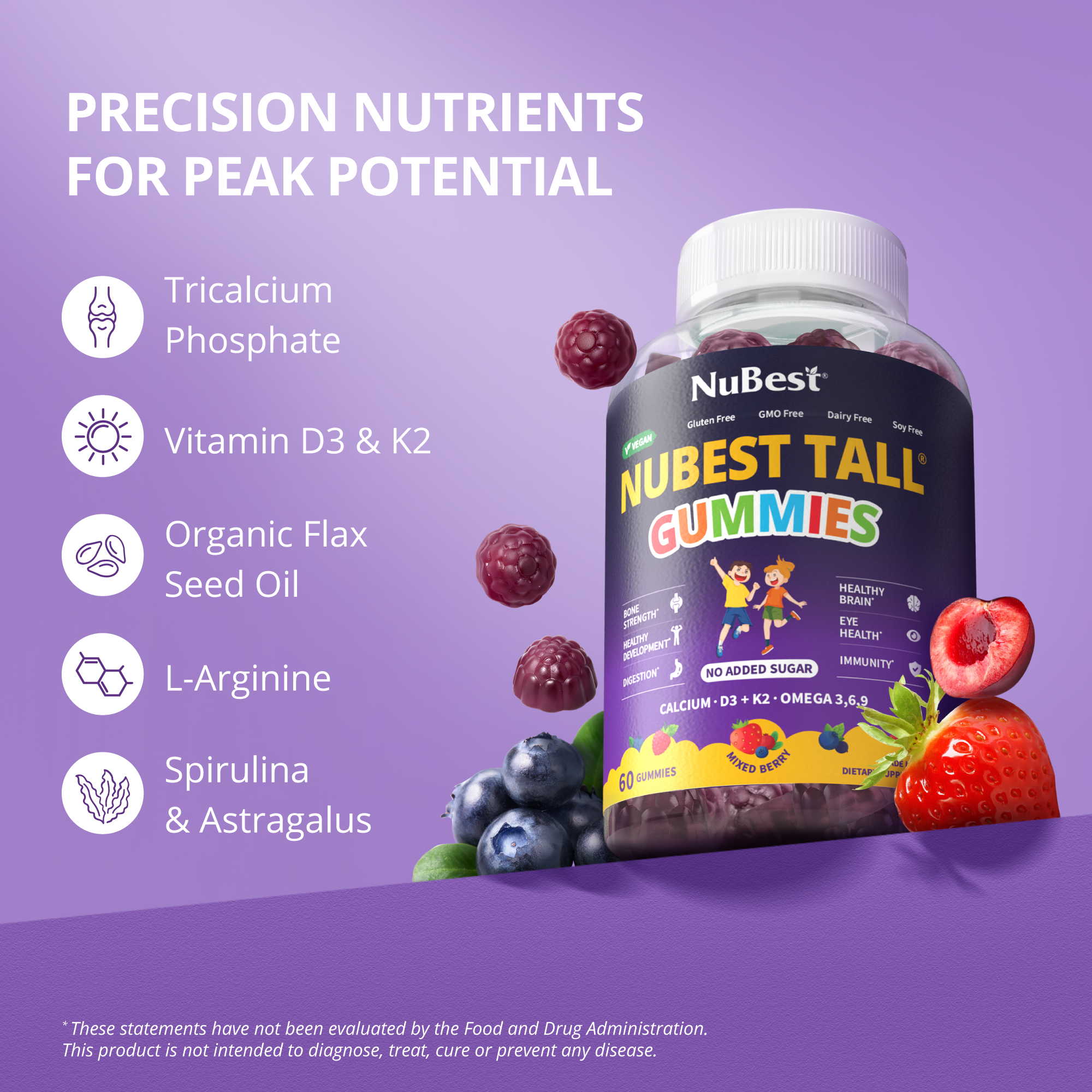 NuBest Tall Gummies for Ages 2+ & Teens, No Added Sugar, 60 Vegan Gummies