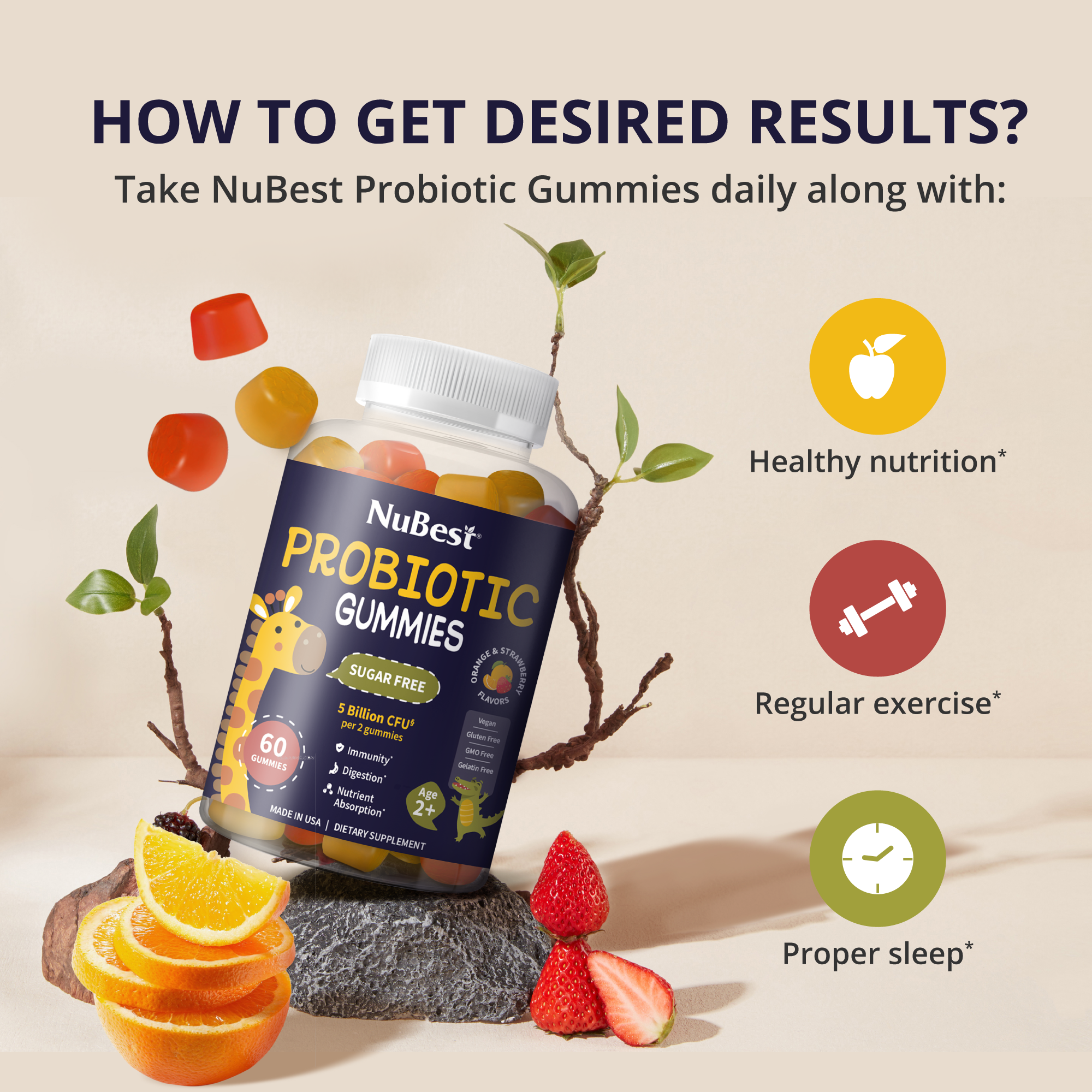 NuBest Probiotic Gummies for Ages 2+, Sugar Free, 60 Vegan Gummies